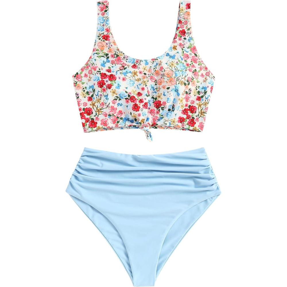 ZAFUL Women’s High Waisted Tankini Scoop Neck Knotted Two Pieces ...