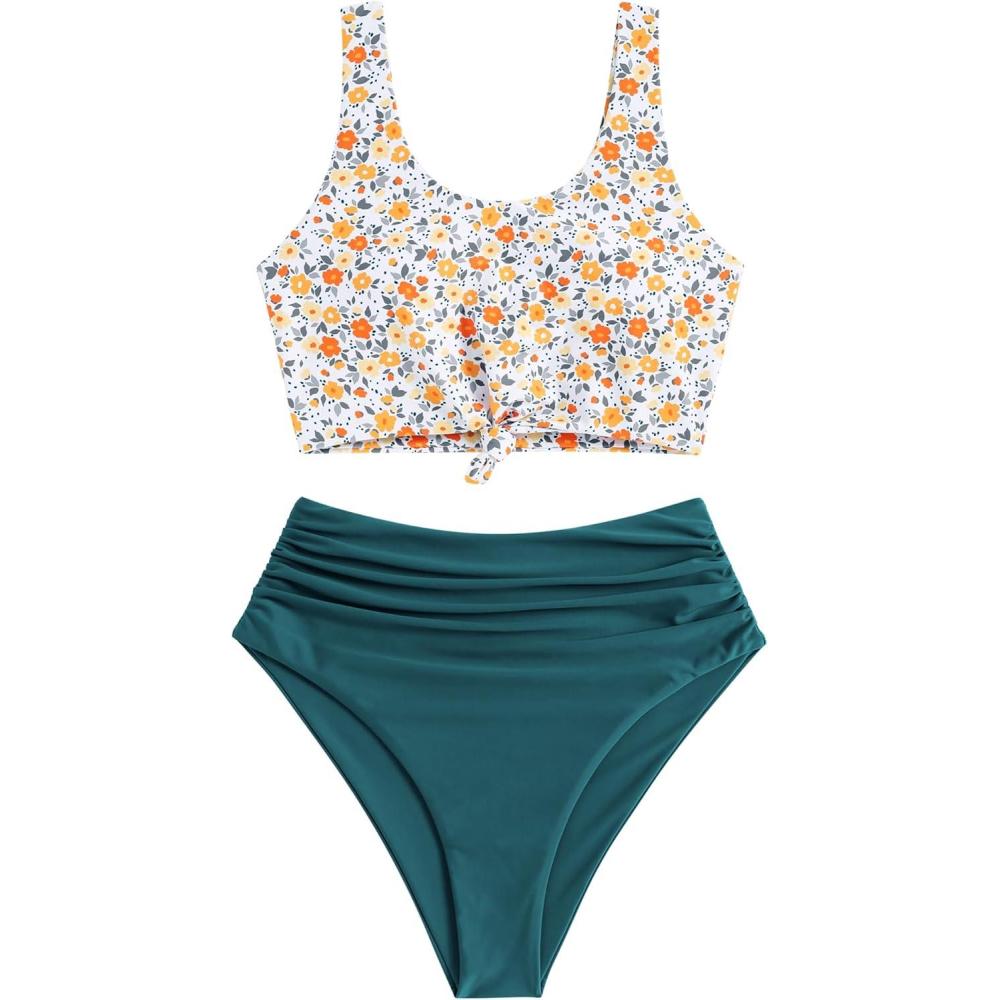 ZAFUL Women’s High Waisted Tankini Scoop Neck Knotted Two Pieces ...
